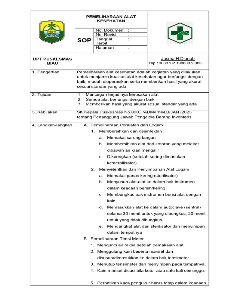 Sop Pemeliharaan Alkes 23 | PDF