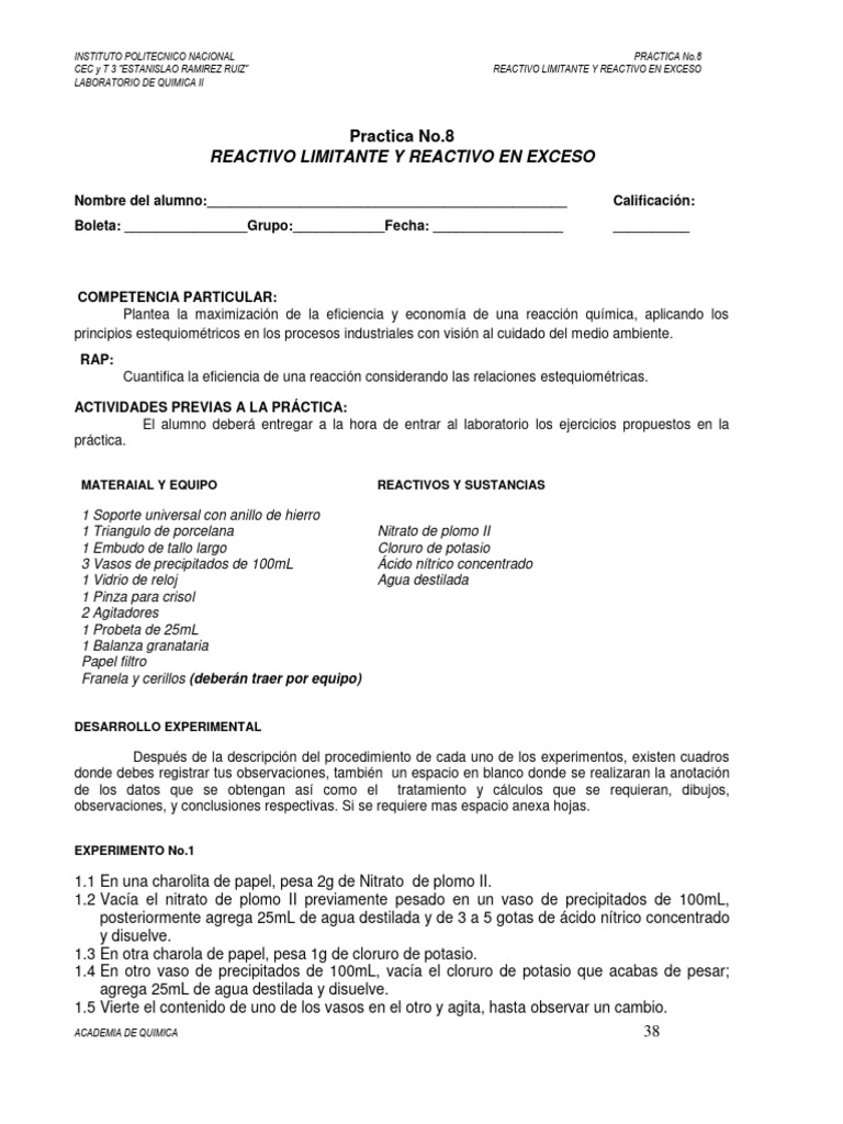 Practica No 8 REACTIVO LIMITANTE Y REACTIVO EN EXCESO | PDF
