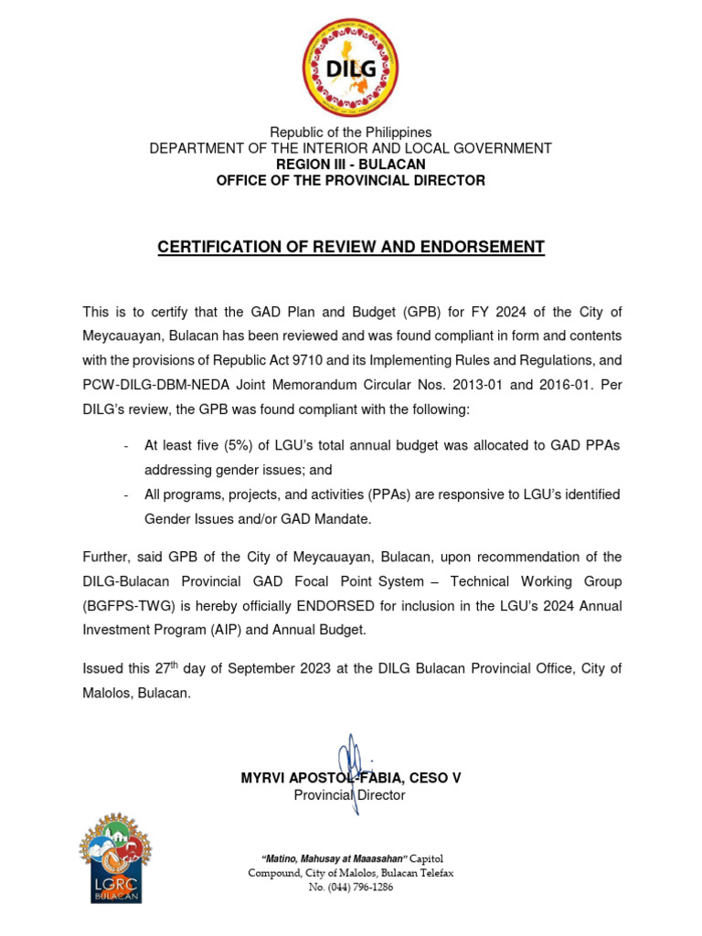 Certification of Review and Endorsement: Region Iii - Bulacan Office of ...