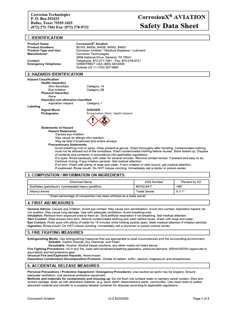CorrosionX Aviation SDS | PDF | Technology & Engineering