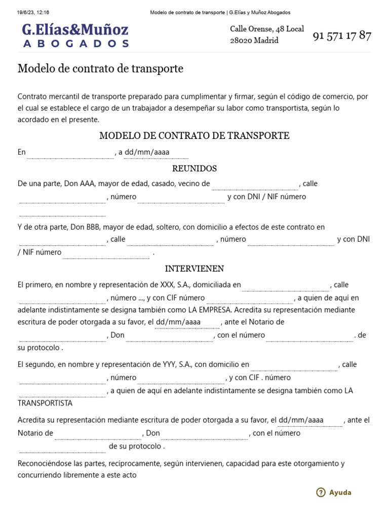 Modelo de Contrato de Transporte | PDF | Finanzas y dinero | Derecho