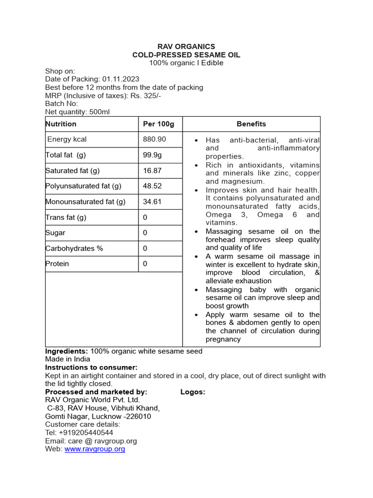Nutritional Facts For Sesame Oil | PDF