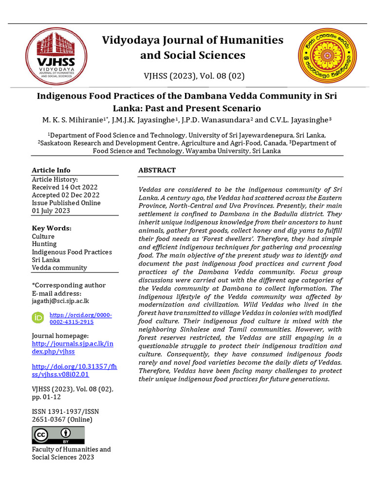 Indigenous Food Practices of Veddas | PDF