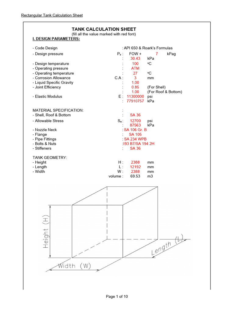 Rectangular Tank Design Calculation Sheet | PDF