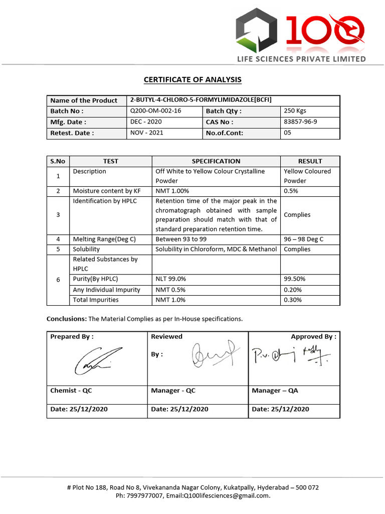 Certificate of Analysis Q100 BCFI SYNAP | PDF