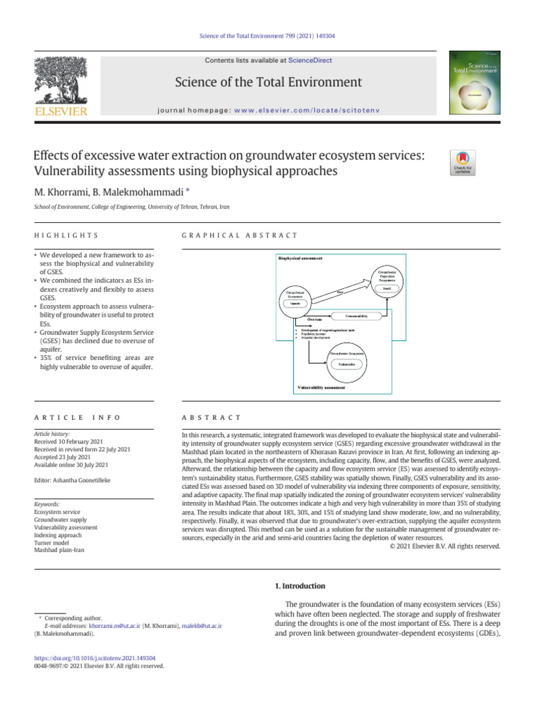 Effects of Excessive Water Extraction On Groundwater Ecosystem Services ...