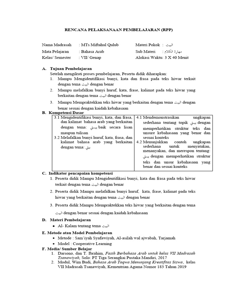 RPP Kelas VII Bahasa Arab (Maharah Kalam) | PDF