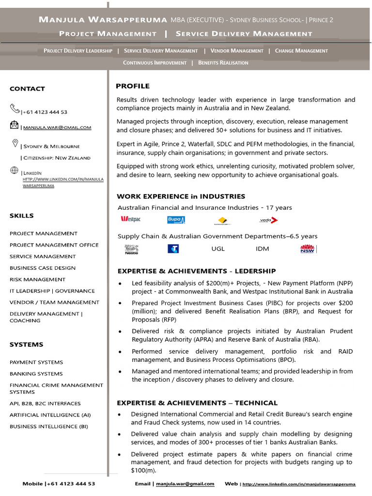 CV RESUME Manjula Warsapperuma Experienced Results Driven Project ...