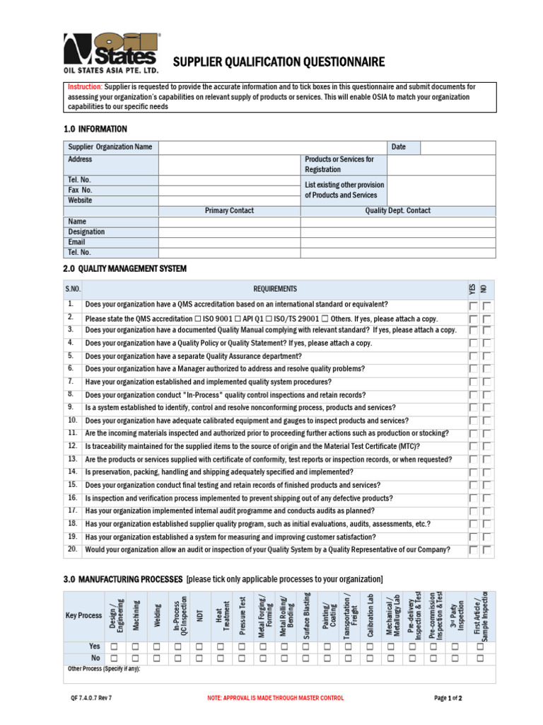 QF 7.4.0.7 Supplier Qualification Questionnaire Rev 7 | PDF