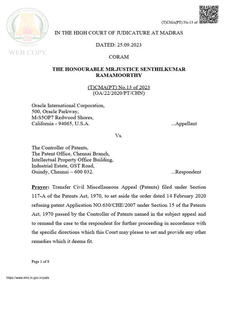 Oracle International Corp V Controller of Patents | PDF