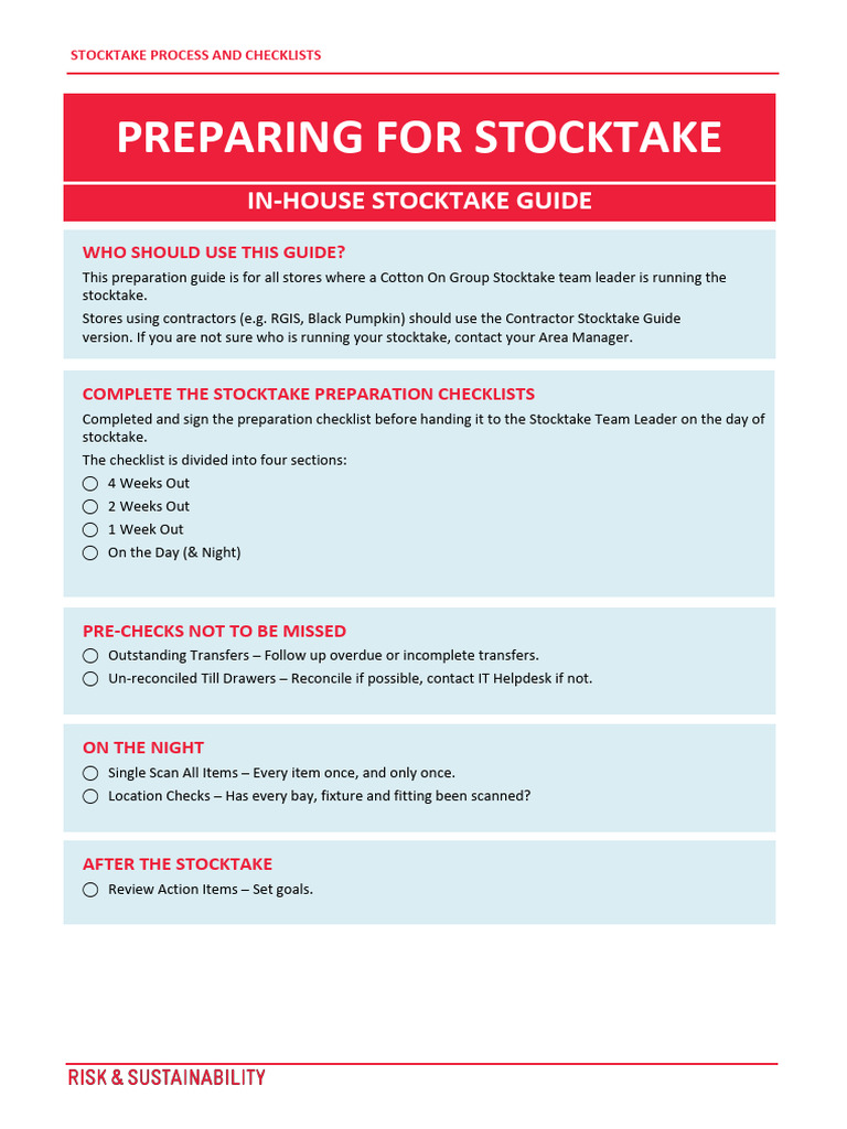 Stocktake Preparation Checklist - In-House Team | PDF