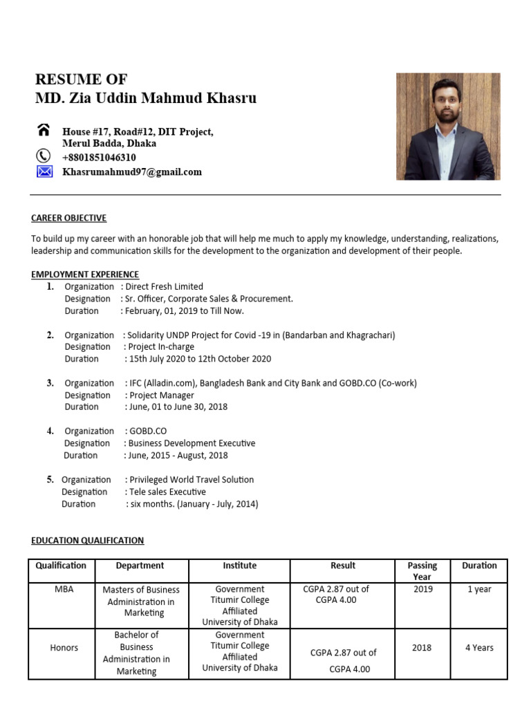 Resume of Md. Ziauddin Mahmud Khasru. | PDF Resume of Md. Ziauddin Mahmud Khasru. | PDF