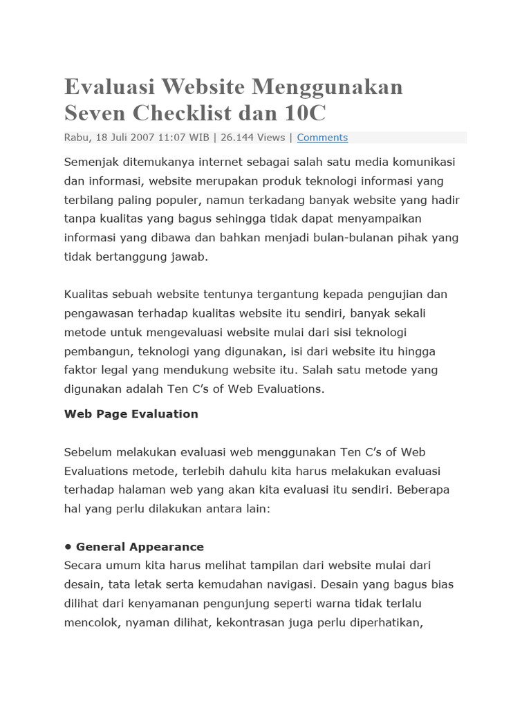 Evaluasi Website Menggunakan Seven Checklist Dan 10C | PDF