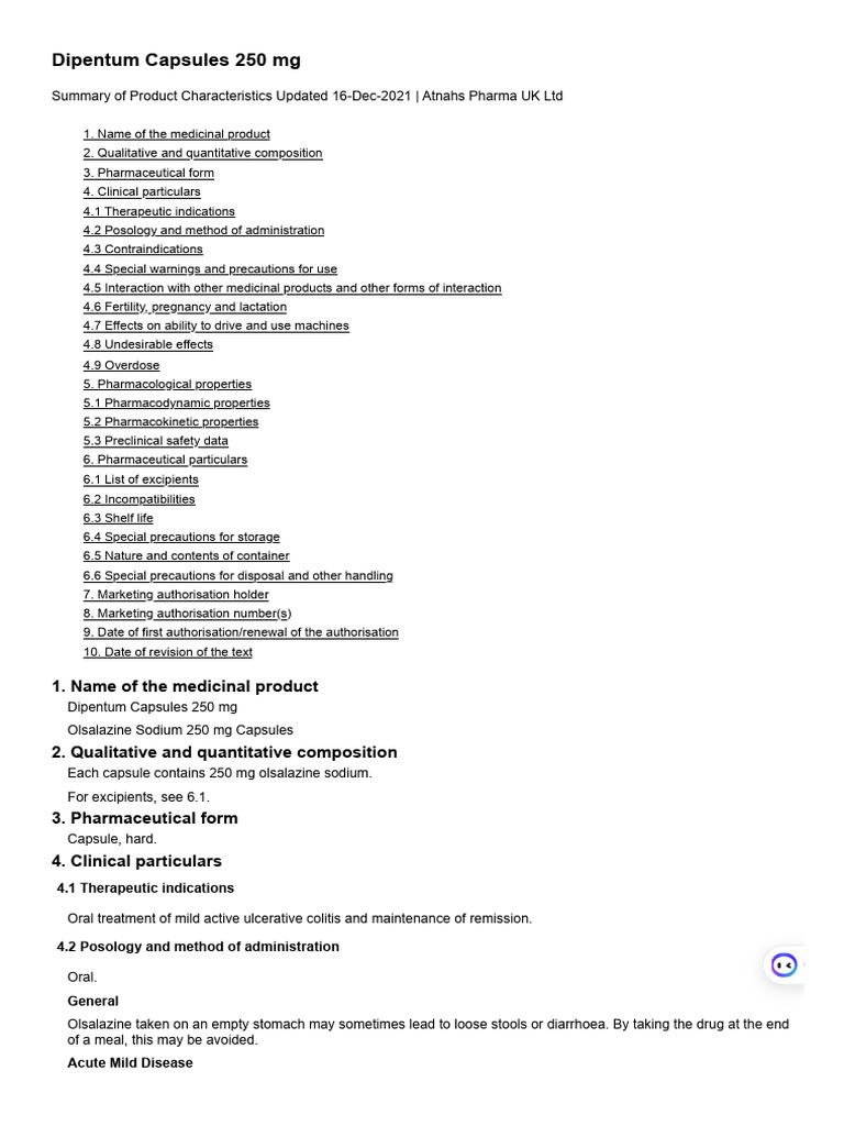 Dipentum Capsules 250 MG SMPC | PDF