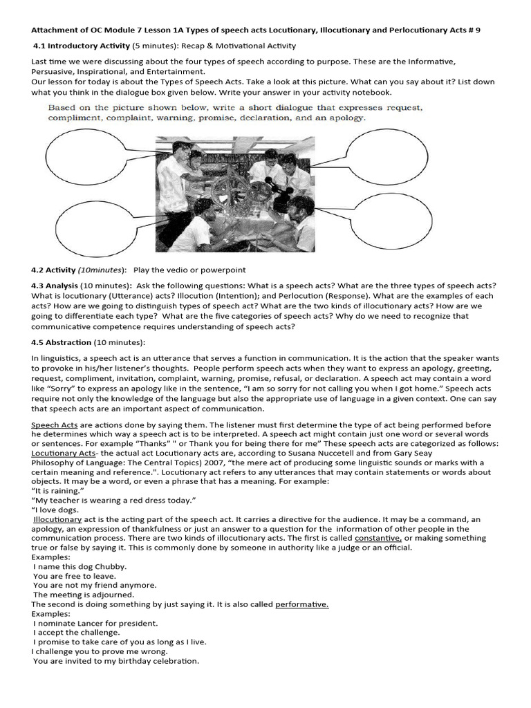 Detailed Lesson Plan OC Module 7 Lesson 1 SPEECH ACTs A&B MODULE 6 10 15 | PDF