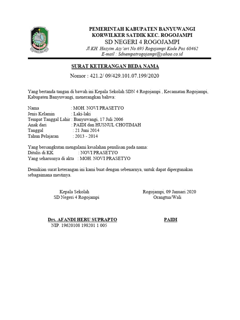 Surat Keterangan Beda Nama KK | PDF