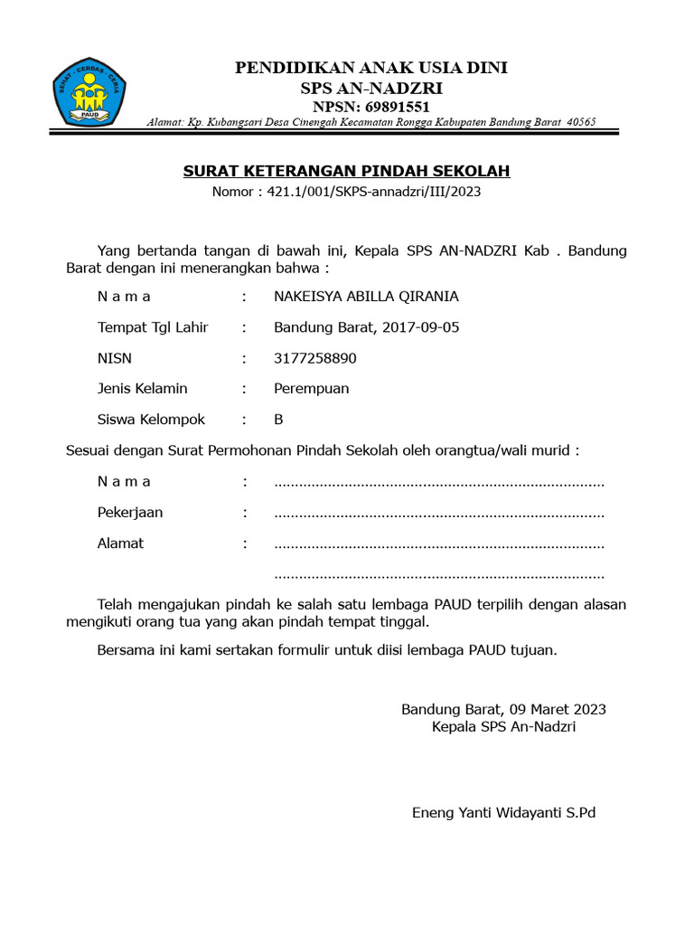 Surat Mutasi Siswa | PDF