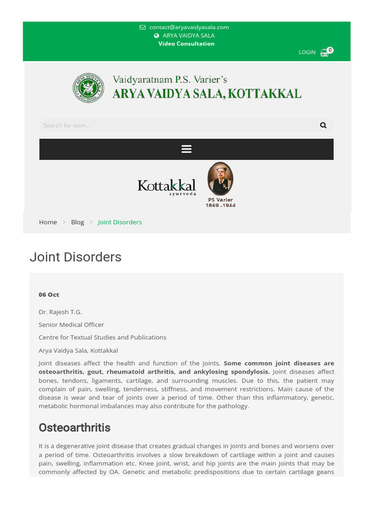 Joint Disorder and Its Ayurvedic Remedies by Kottakkal Arya Vaidya Sala | PDF