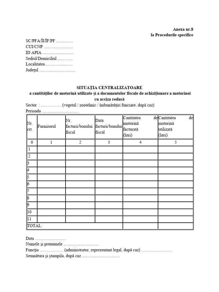 Anexa 8 - Situatia Centralizatoare A Cantitatilor de Motorina Utilizate Si A Documentelor ...