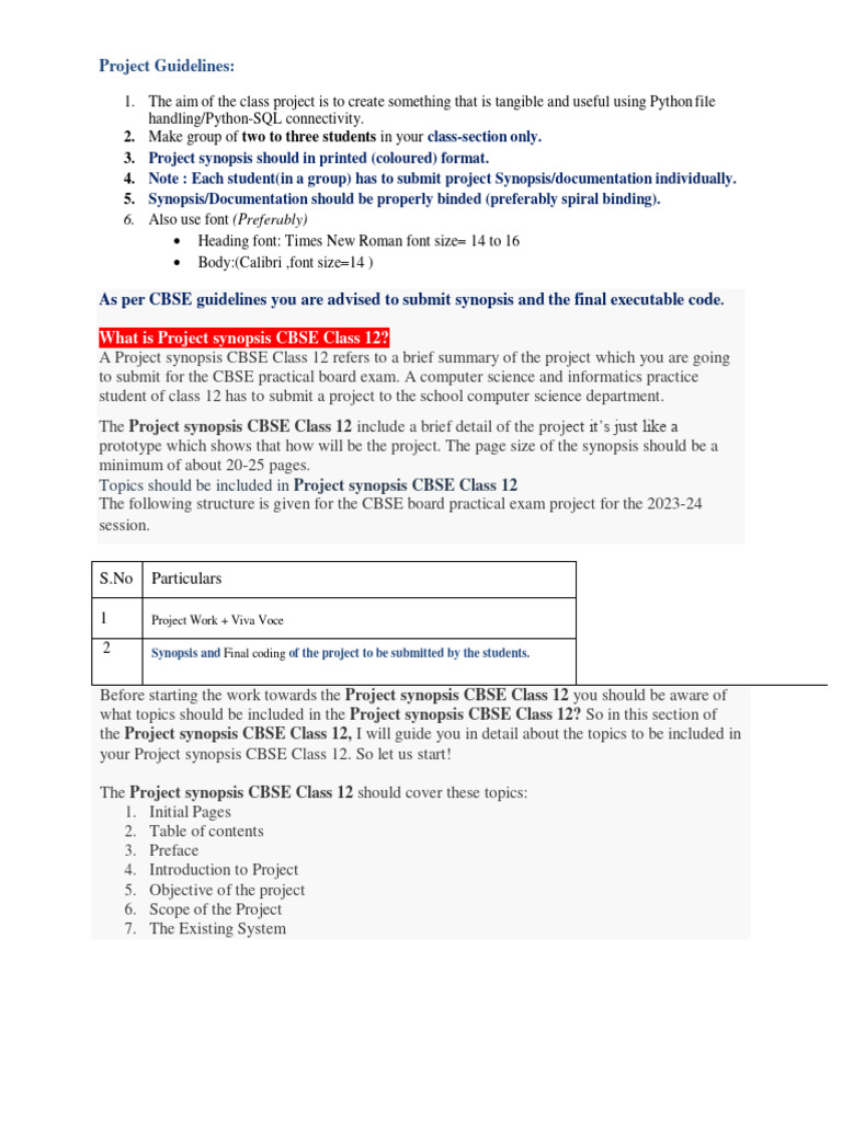 Project Synopsis CBSE Class 12 Guidelines | PDF