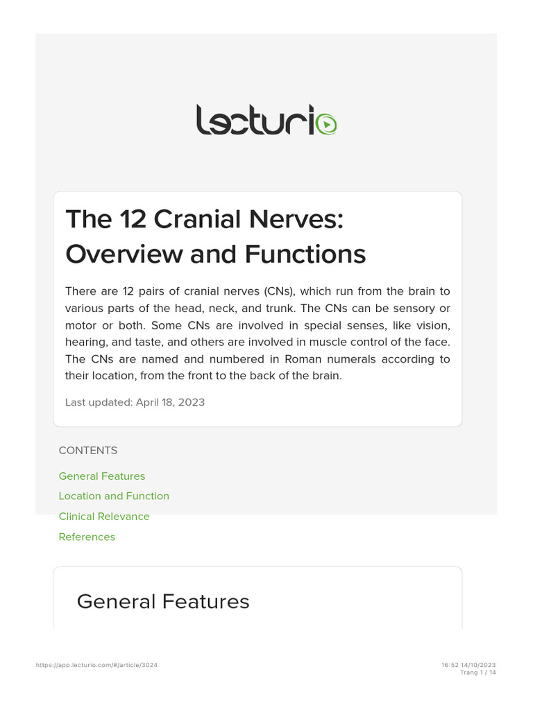 The 12 Cranial Nerves - Overview and Functions - Lecturio | PDF