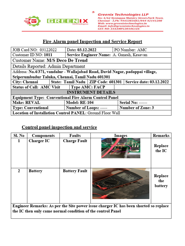 Fire Alarm Panel Inspection and Service Report de | PDF