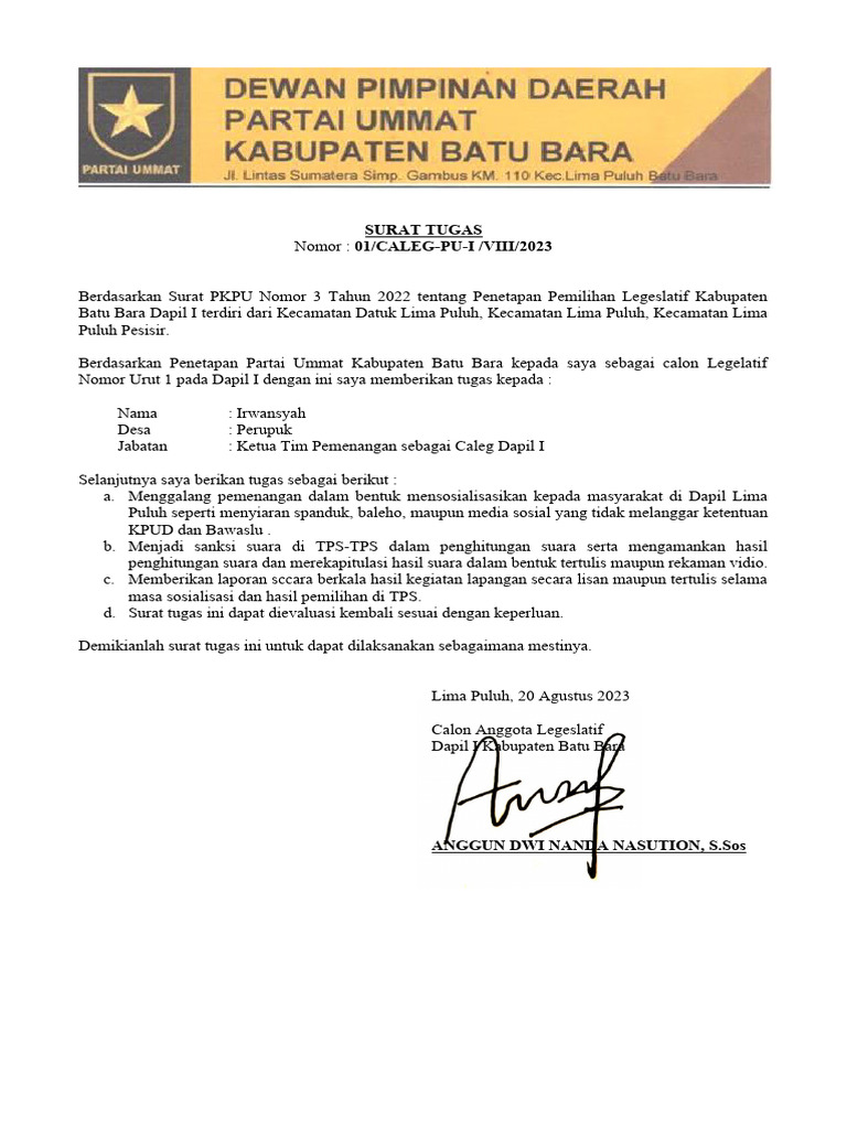 Surat Tugas Partai Ummat | PDF