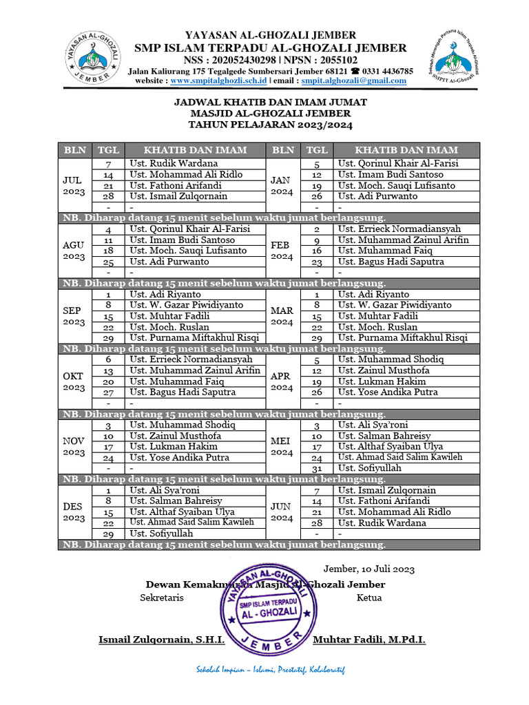 Jadwal Khatib Dan Imam Jumat 2324 | PDF