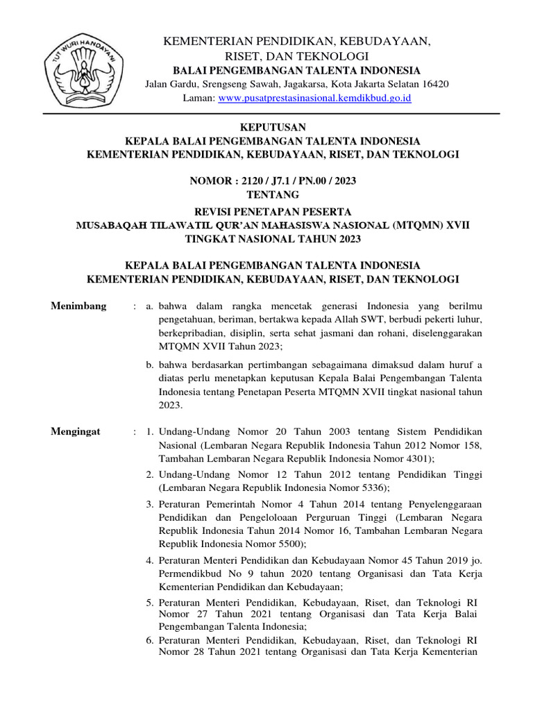 Revisi SK Penetapan Peserta MTQMN Tingkat Nasional 2023 | PDF