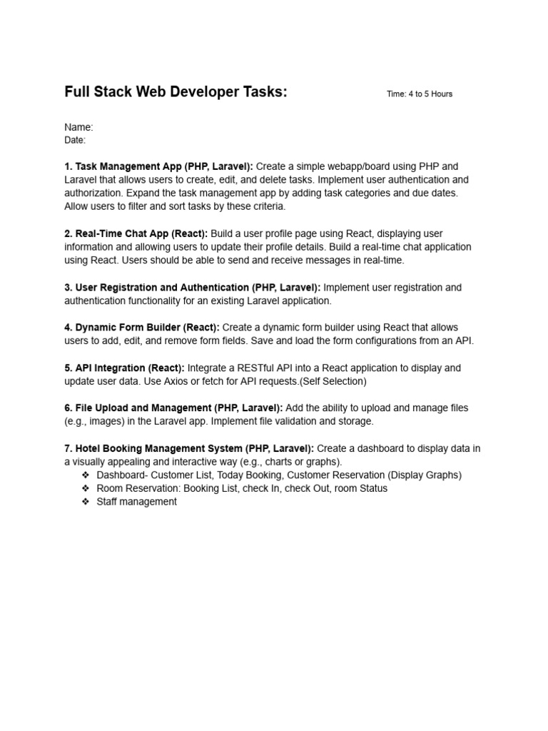 Full Stack Web Developer Tasks - Time - 4 To 5 Hours | PDF