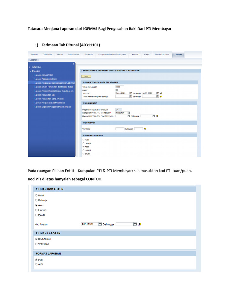 Tatacara Menjana Laporan Dari IGFMAS Bagi Pengesahan Baki Dari PTJ Membayar | PDF