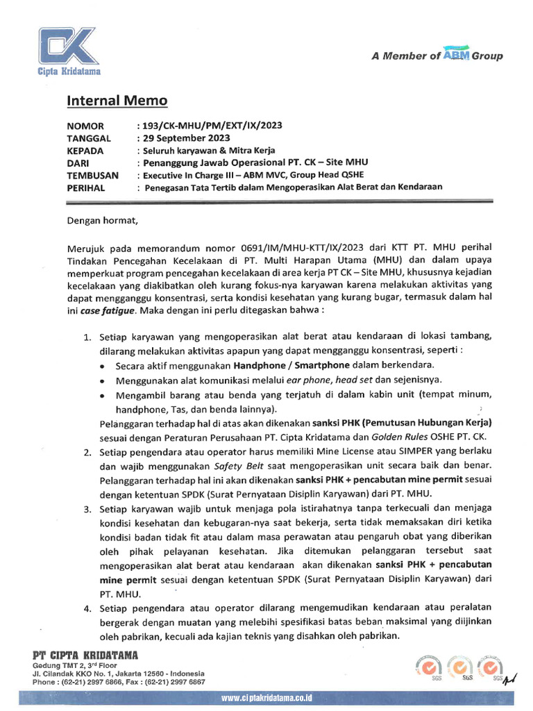 IOM - Penegasan Tata Tertib Dalam Mengoperasikan Alat Berat Dan Kendaraan | PDF