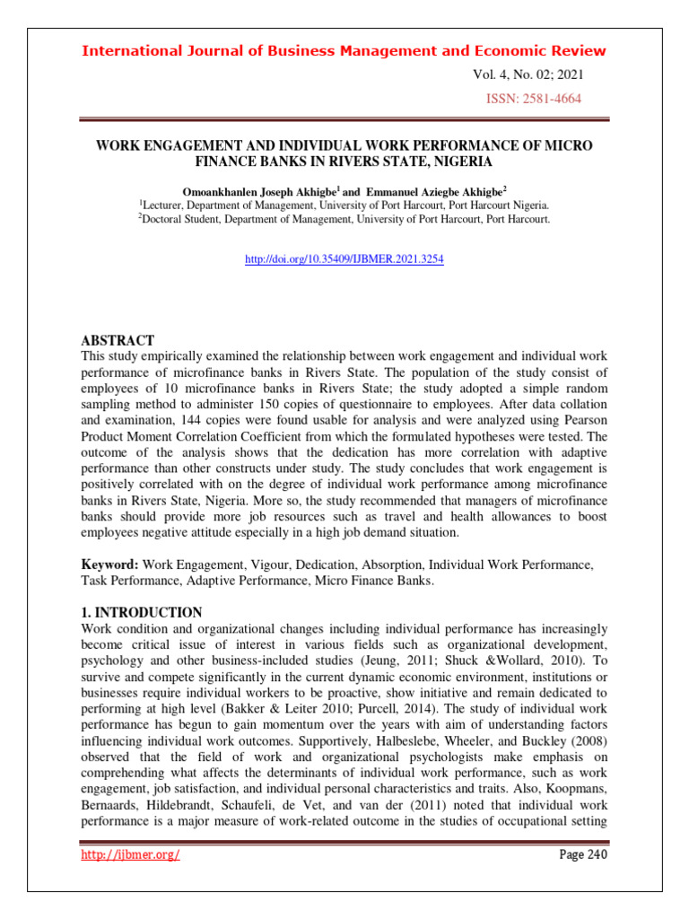 Work Engagement and Individual Work Performance of Microfinance Banks | PDF