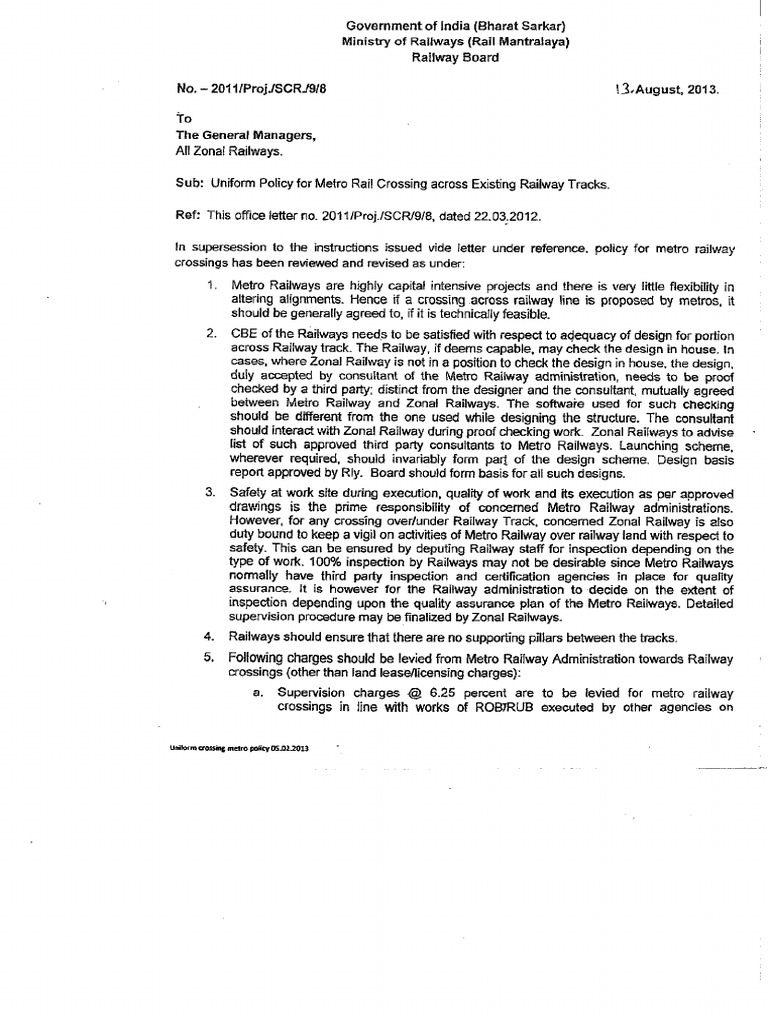 RDSO Policy For Metro Railway Crossing | PDF