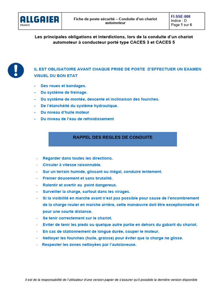Fiche de Poste Securite - Conduite D'un Chariot Automoteur - D | PDF
