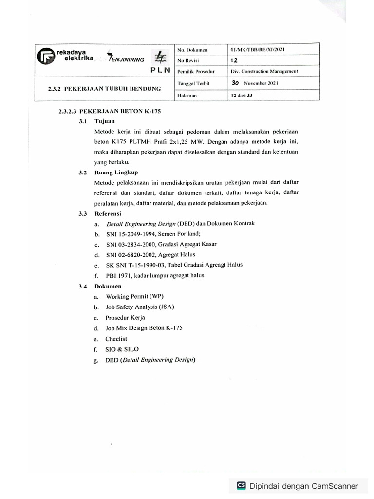Metode Kerja Pengecoran Beton K-175 Tubuh Bendung | PDF