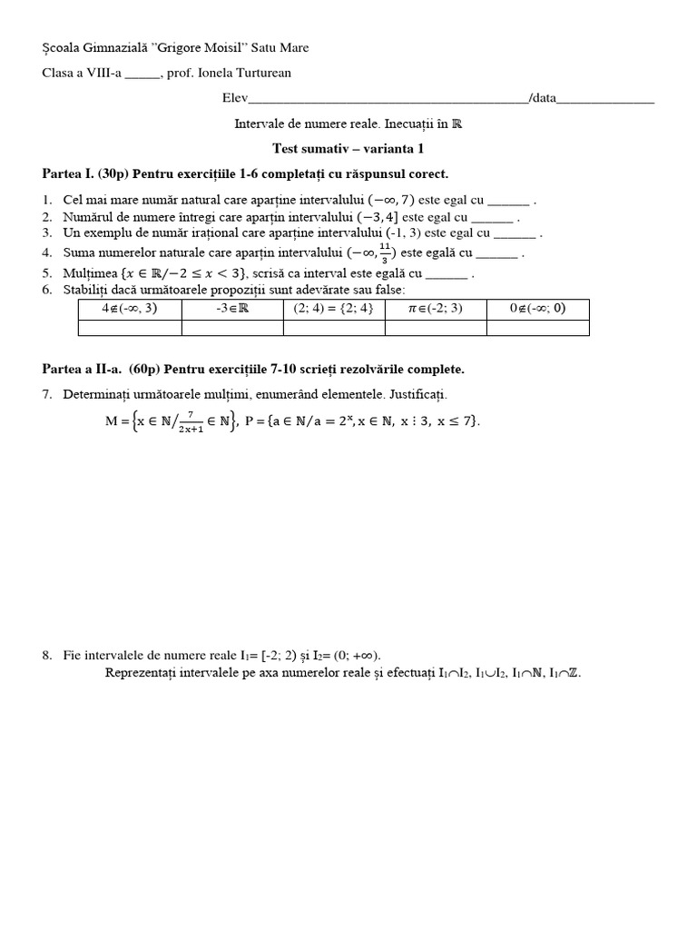 m1 Test1 Intervale Inecuatii 4var | PDF