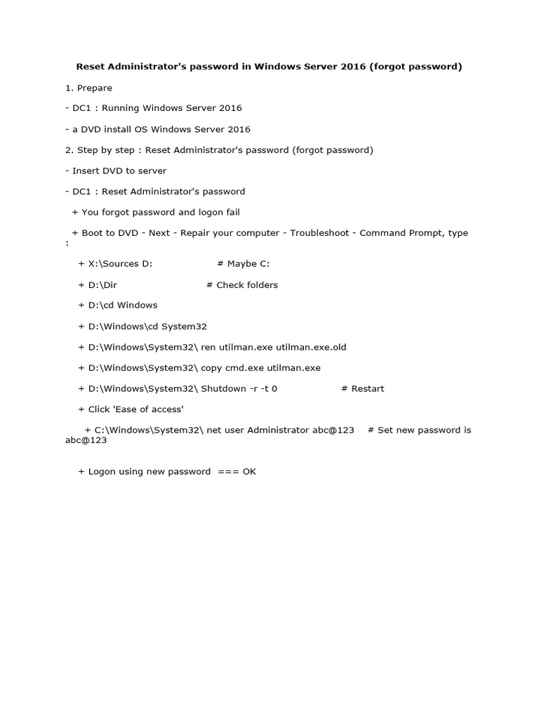 Reset Windows Server 2016 Admin Password | PDF