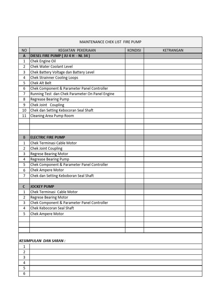 Maintenance Chek List Fire Pump - 231013 - 164607 | PDF