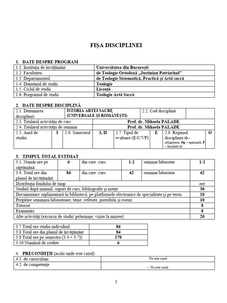 Fisa Disciplinei ISTORIA ARTEI Palade M | PDF