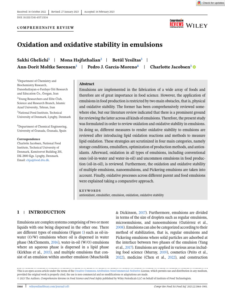 Comp Rev Food Sci Food Safe - 2023 - Ghelichi - Oxidation and Oxidative Stability in Emulsions ...