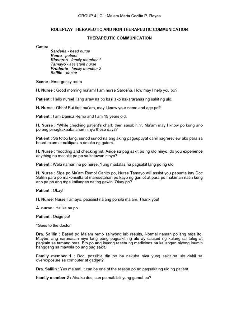 Roleplay Therapeutic and Non Therapeutic Communication Script | PDF