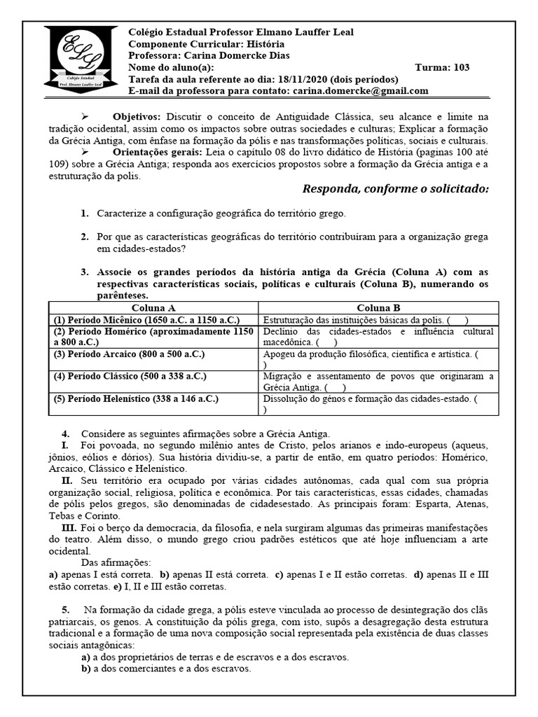 História Grécia Antiga Exercícios | PDF