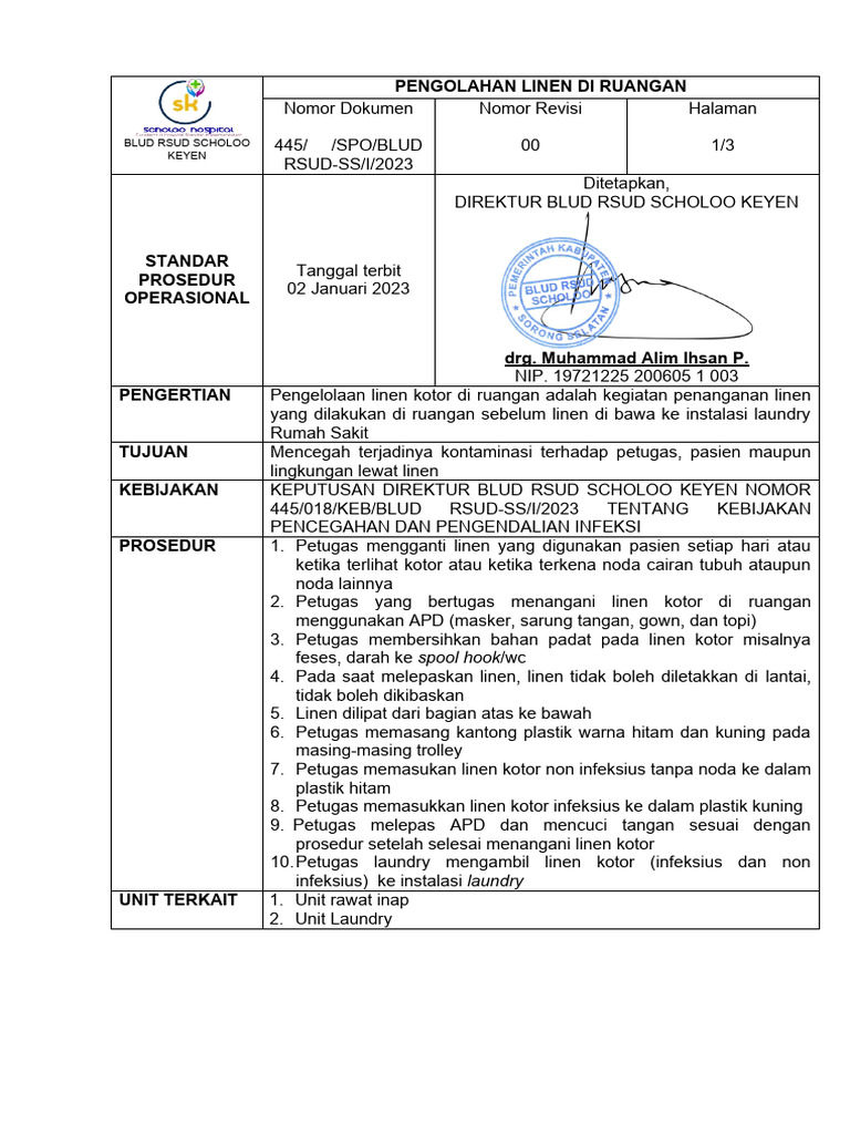 Ppi 6.1 Spo Pengelolaan Linen Di Ruangan | PDF
