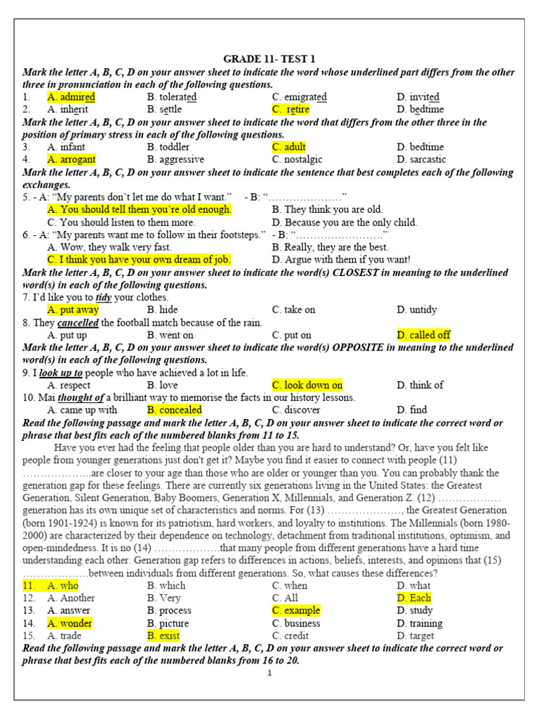 GRADE 11 - UNIT 1 - TEST 1 - ĐỀ | PDF