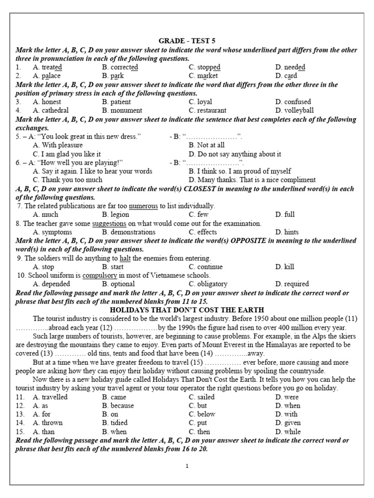 GRADE 11 - UNIT INTRODUCTION - TEST 1 - ĐỀ | PDF