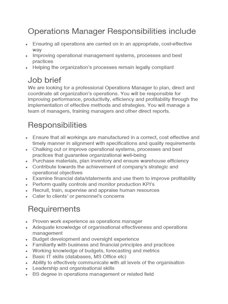 Operations Manager Responsibilities Include | PDF | Business