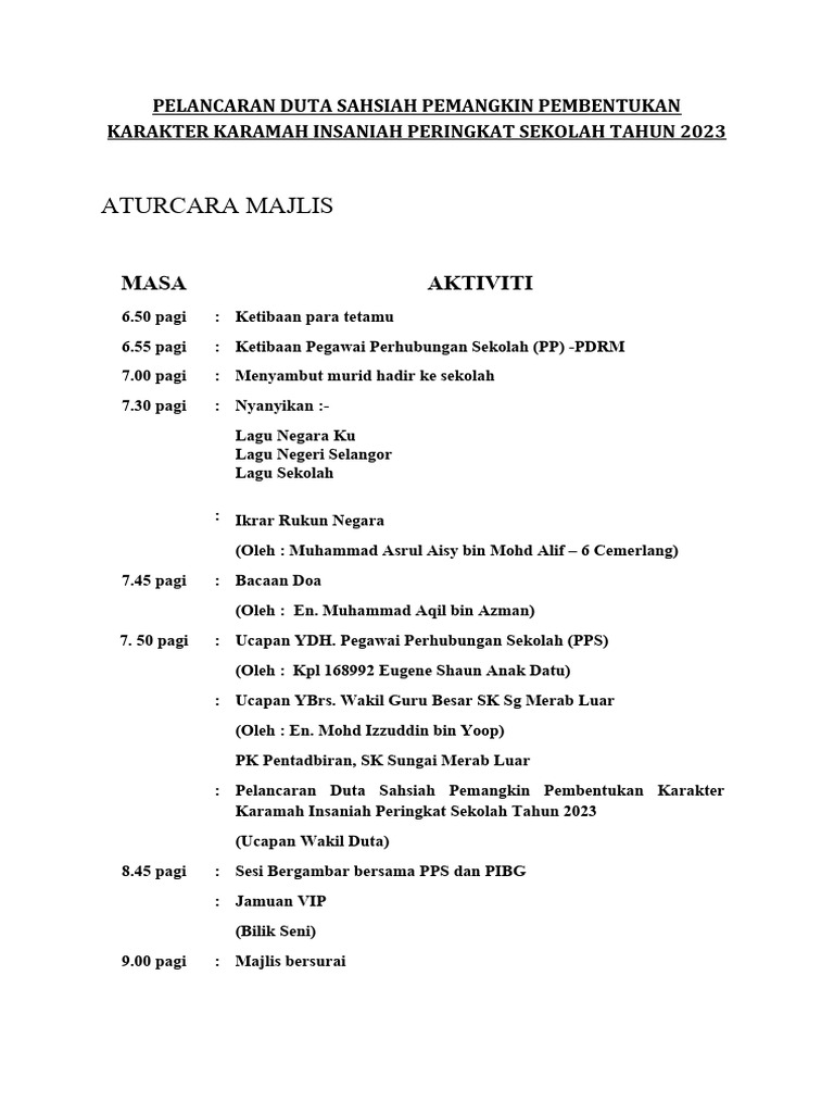 Aturcara Majli Pelancaran Duta Sahsiah | PDF | Agama & Spiritualitas