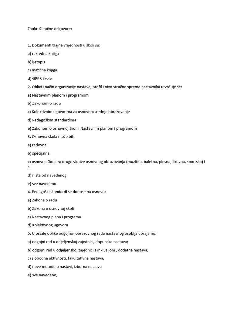 I Dio Pitanja Za Osnovne Škole | PDF