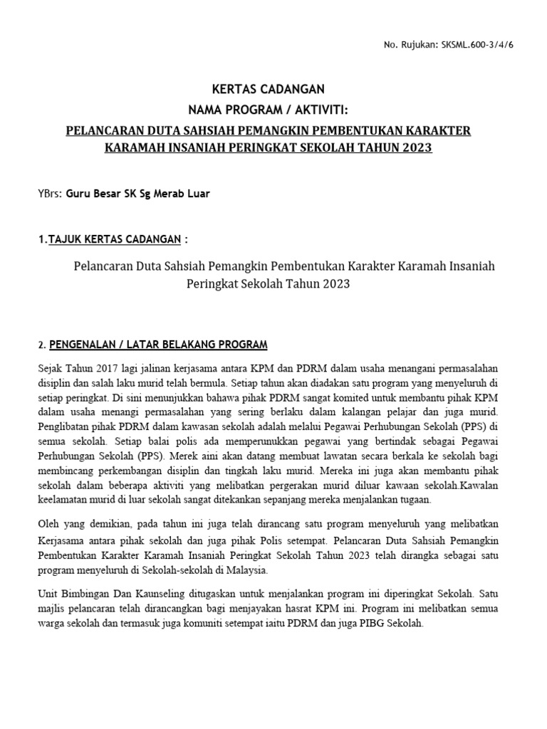 Kertas Cadangan Maljis Pelancaran Duta Sahsiah Peringkat Sekolah Tahun ...